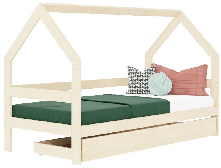 Benlemi Dětská dřevěná postel domeček SAFE 3v1 se zábranou a úložným šuplíkem Zvolte barvu: Béžová, Zvolte rozměr: 90x200 cm, Zvolte zábranu: S otevřeným vstupem