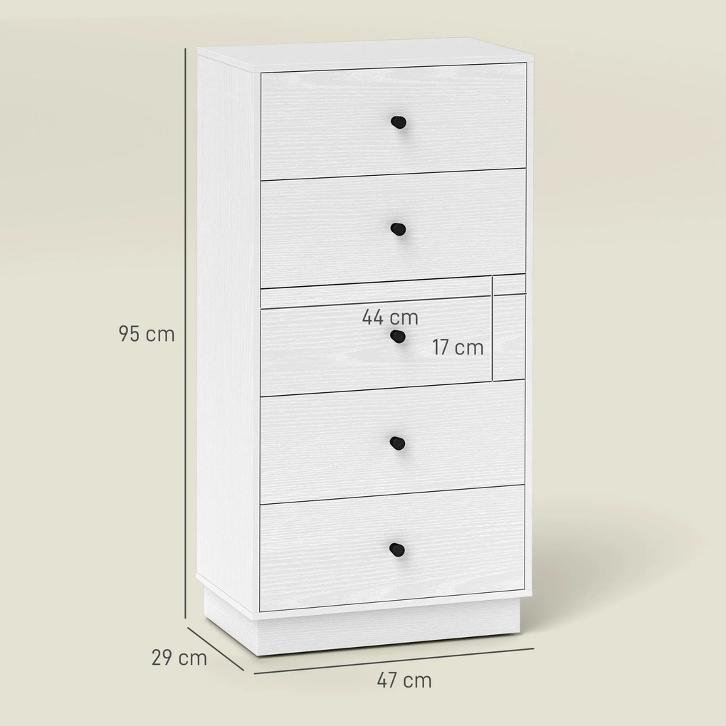 HOMCOM Úzká komoda se 5 zásuvkami do ložnice s vysokou skříní proti převrhnutí pro obývací pokoj či chodbu 47x29x95 cm Bílá
