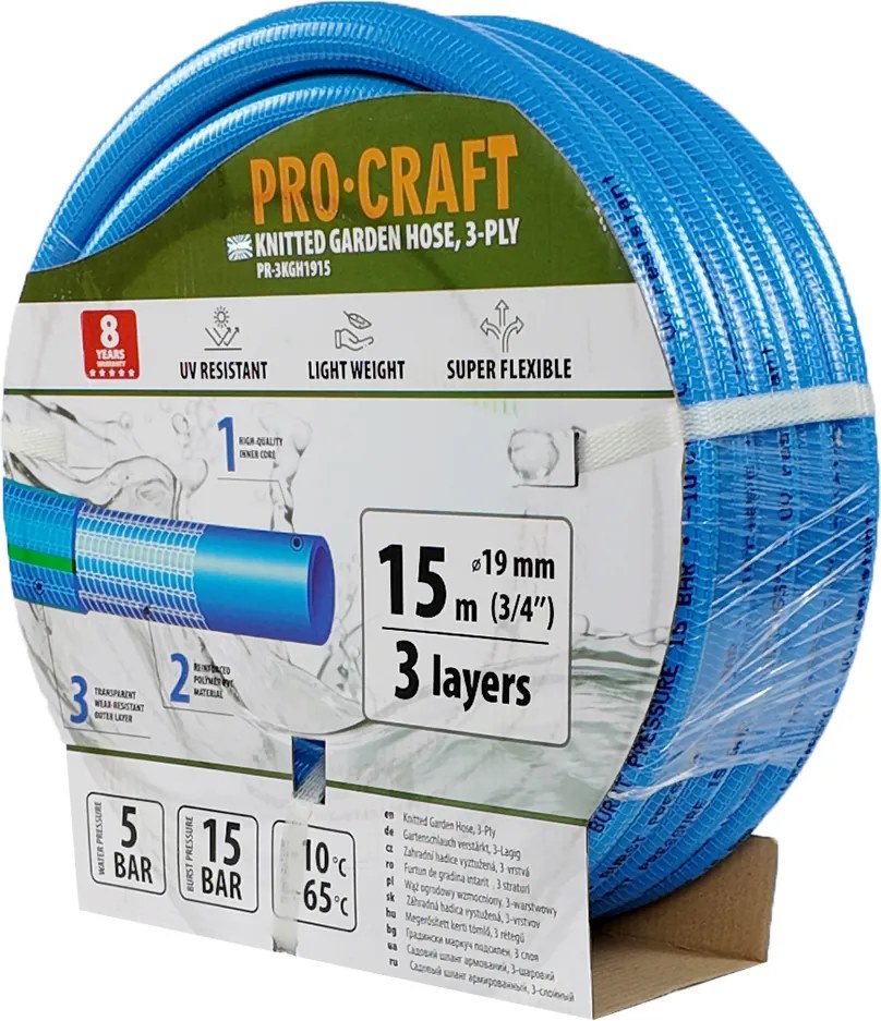 Procraft PR-3KGH1915 - modrá zahradní hadice, 3 vrstvy, 3/4", 15m