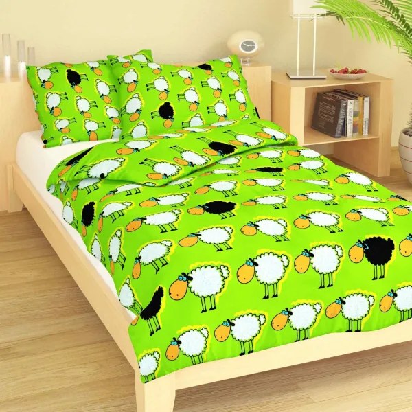 DADKA Povlečení krep do postýlky Stádo oveček zelené 90x130, 45x60 cm