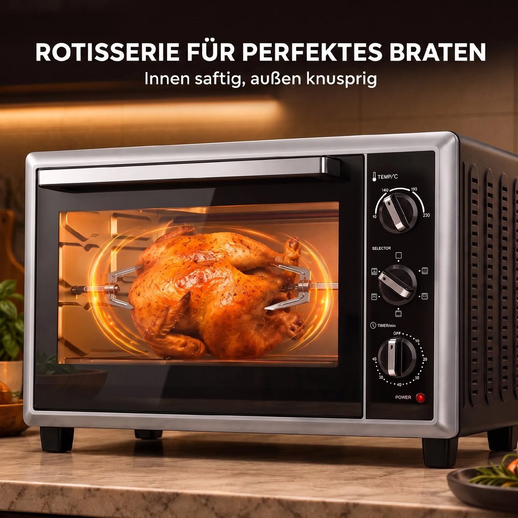 HOMCOM 46 L mini trouba s otočným špízem, ventilátorem, regulací teploty a časovačem, 1800 W, černá