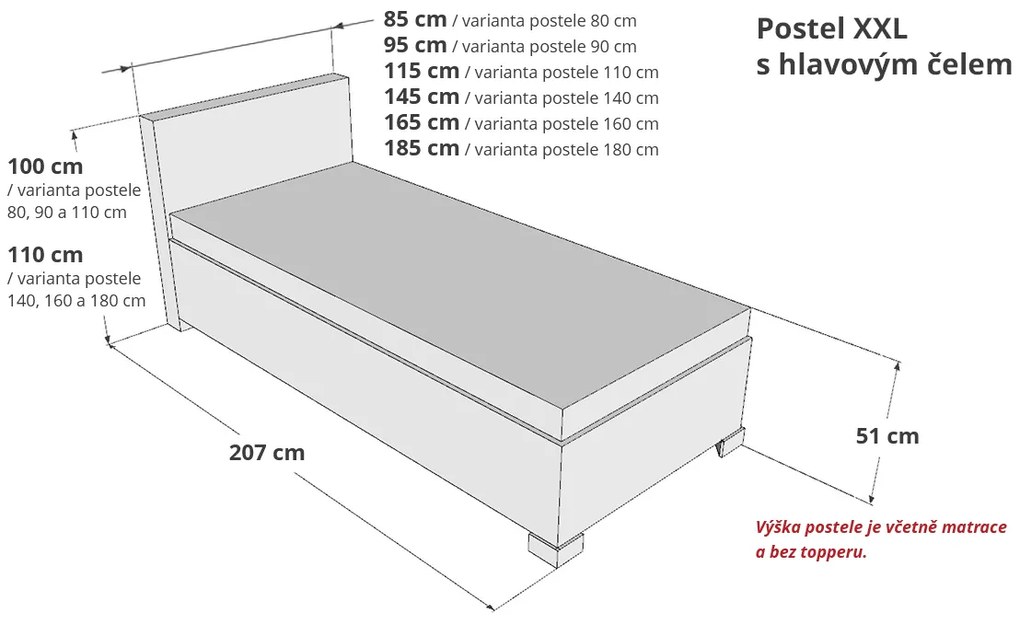 NEW DESIGN postele Postel XXL s hlavovým čelem a úložným prostorem, matrace a rošt v ceně, 180×200 cm Velikost postele: 180 × 200 cm