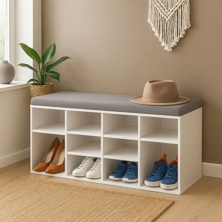 Botník s lavicí a polštářem bílý 104×30×48 cm – 10 přihrádek