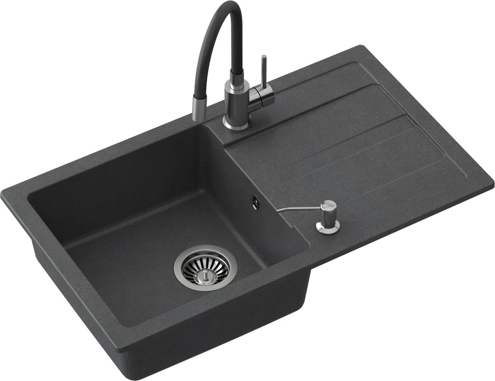 Černý kuchyňský granitový dřez QUADRON READY- MAX + BATERIE A DÁVKOVAČ NA SAPONÁT