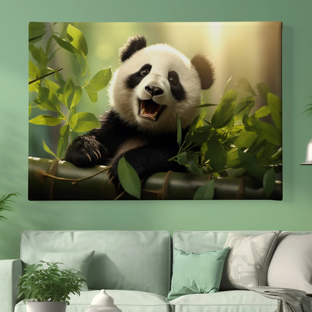 Obraz na plátně - Panda se spokojeně opírá o bambus FeelHappy.cz Velikost obrazu: 150 x 100 cm