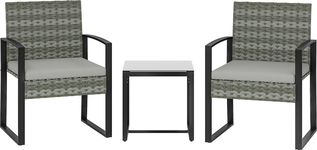 Outsunny PE ratanový bistro set, 3dílný zahradní set se 2 židlemi, stolkem, odnímatelnými polstry, balkon/terasa, světle šedý | Aosom