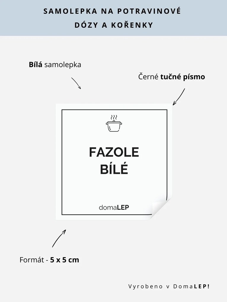 FAZOLE BÍLÉ – bílá samolepka na dózu, tučné písmo, 5 × 5 cm | DomaLEP