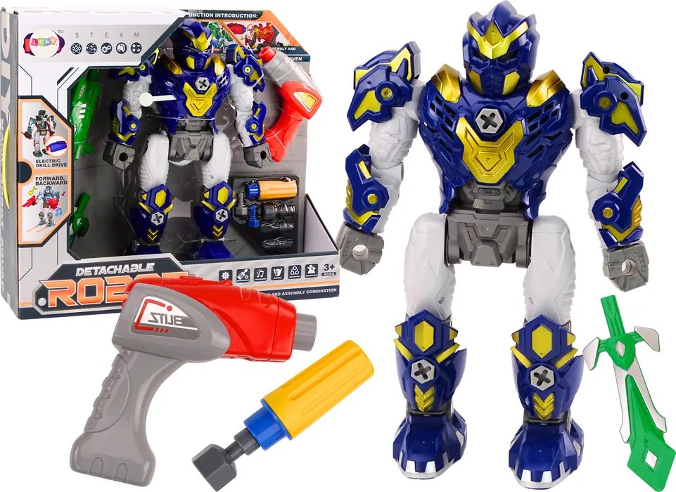 LEAN Toys Robot na šroubování, zbraň, vrtačka, šroubovák, světla, zvuk, tmavě modrý