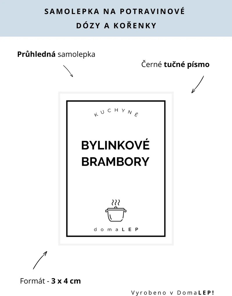Samolepka na kořenky BYLINKOVÉ BRAMBORY průhledná 3 × 4 cm tučné písmo