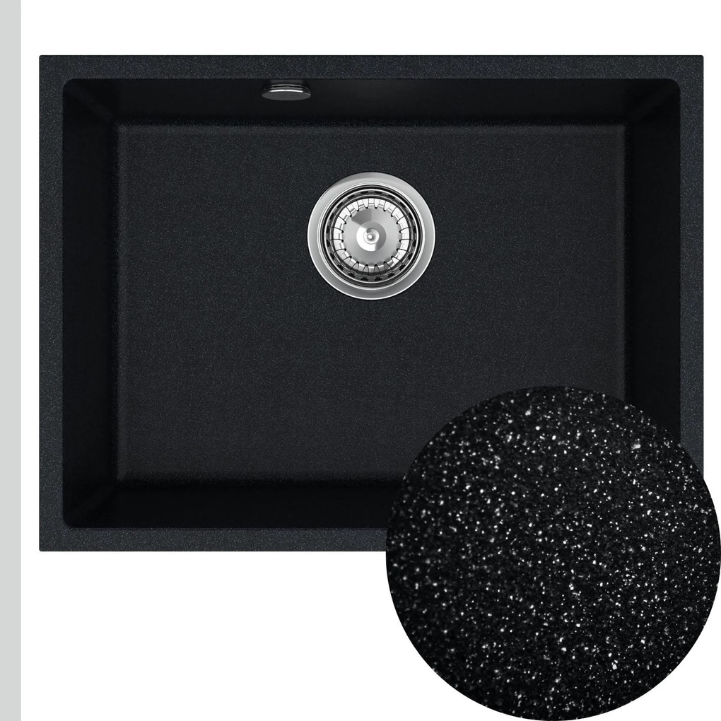 Sink Quality Crypton 60, kuchyňský granitový dřez 535x400x205 mm + chromový sifon, černá skvrnitá, SKQ-CRY.B.1KBO.60.X