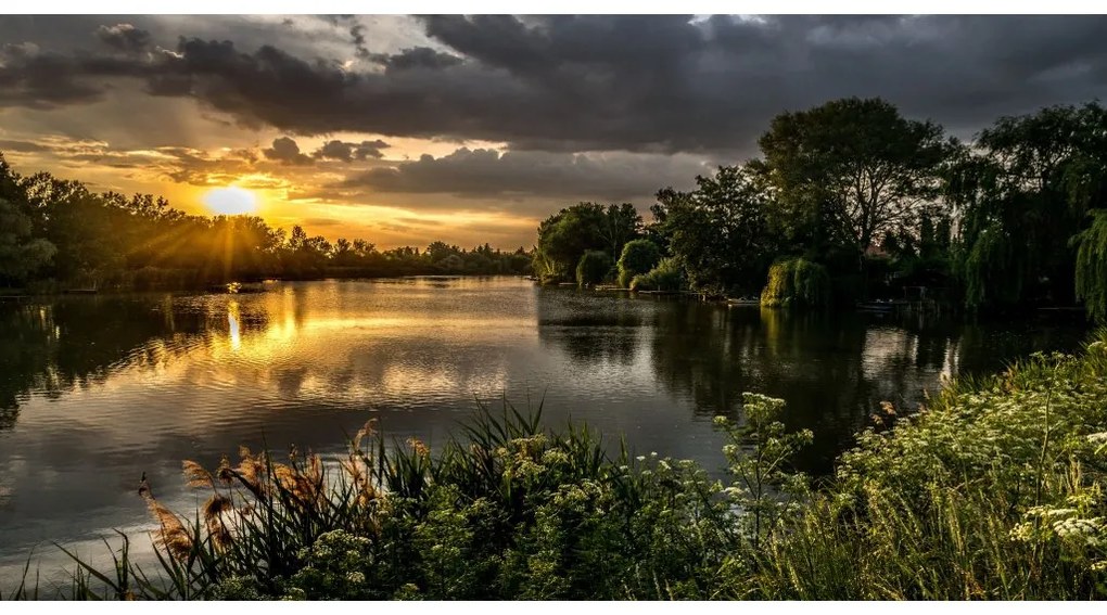 Bondecor Obraz na plátně "Západ slunce nad jezerem" 150x80cm