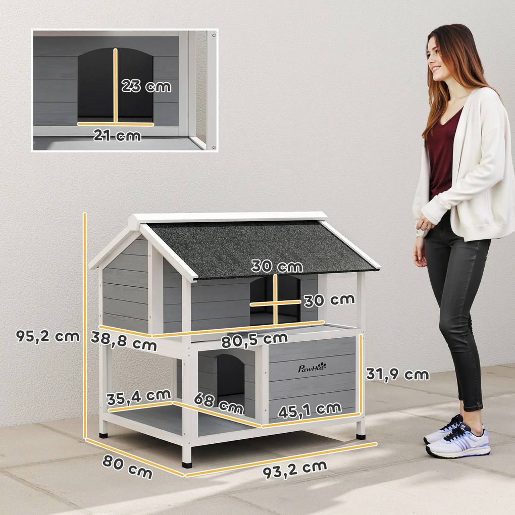 PawHut Venkovní domek pro kočky, úkryt pro kočky pro venkovní použití, vodotěsný, odklopná střecha, smrkové dřevo, 80 x 93 x 95, šedý