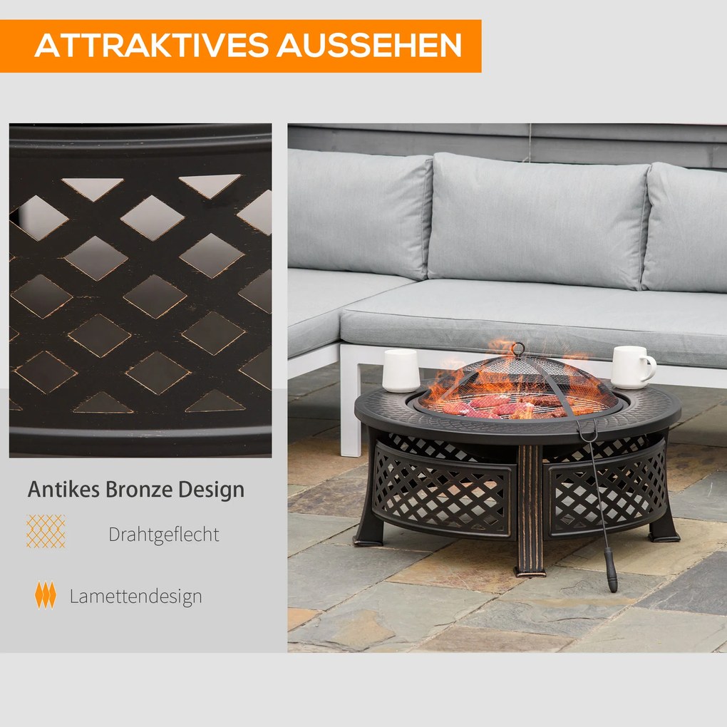 Outsunny miska na oheň pohrabáč ochrana proti jiskrám ohnivý koš ohnivý stůl kulatý ohniště zahrada kempování BBQ ocel černá 81x81x50cm