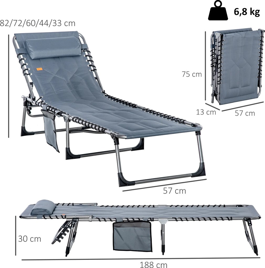 Lehátko, Skládací zahradní lehátko, Skládací lehátko s polštářem, 5stupňové opěradlo, tkanina Oxford, 188 x 57 x 30 cm, šedá barva
