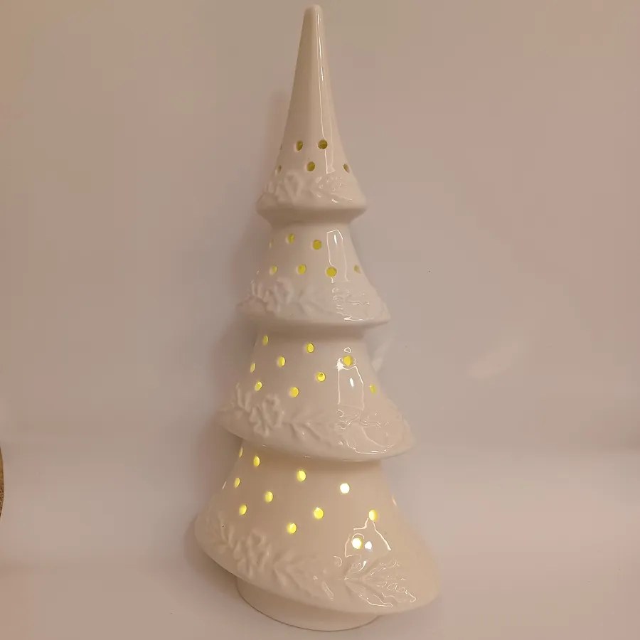 LED dekorace keramický stromeček, 15 × 9,2 × 29 cm, teple bílá, 2× LR44