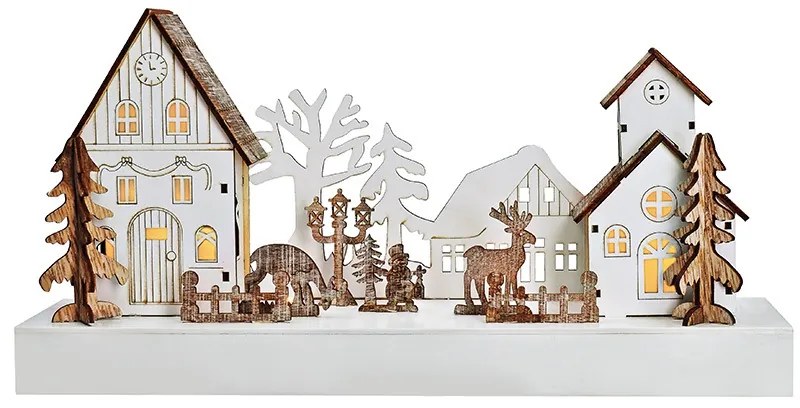 SOLIGHT LED vánoční vesnička, 34x17cm, dřevo, 4 LED, 2x AA
