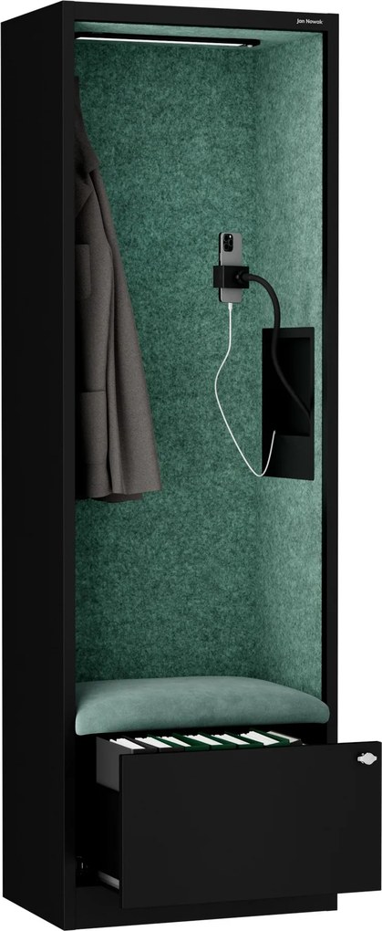 Kancelářská akustická kabina se sedátkem a USB-C portem, korpus černý / sedák zelený, 600 mm: SALLY MentalBox