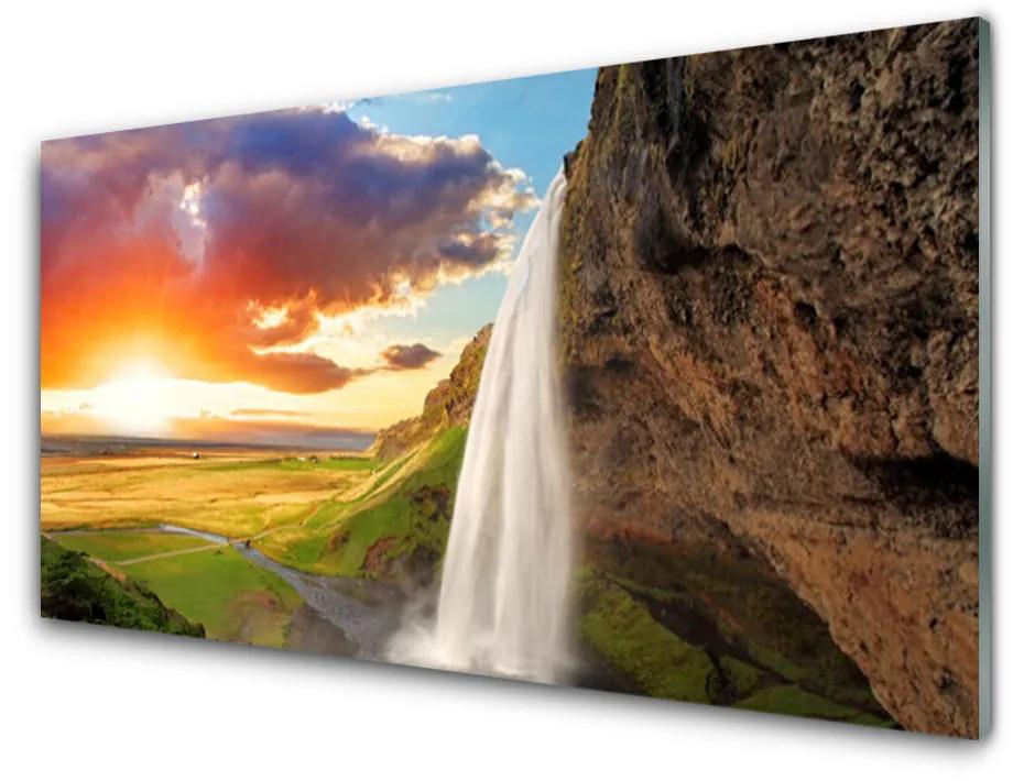 akrylový obraz Vodopád Slunce Krajina 140x70 cm