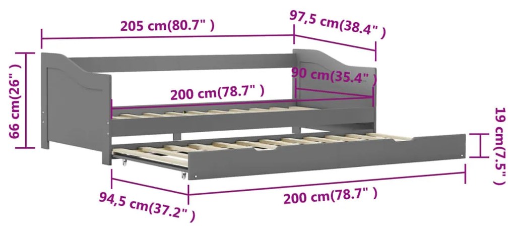 vidaXL Marketos Rám vysouvací postele/pohovky šedý borové dřevo 90 x 200 cm
