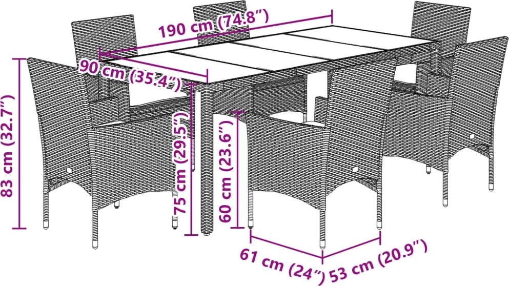 7dílný zahradní jídelní set s poduškami černý polyratan a sklo 3278541