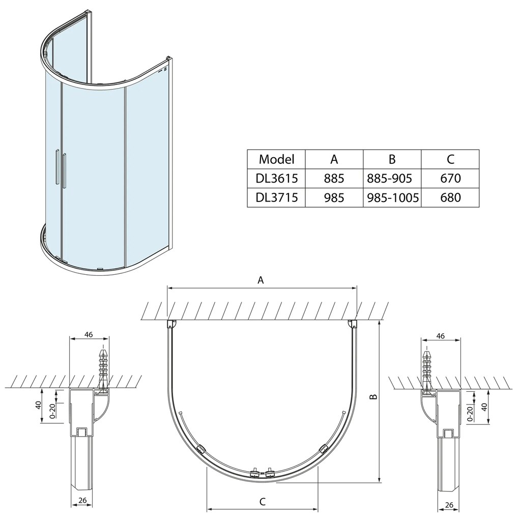 Polysan LUCIS LINE půlkruhová sprchová zástěna 1000x1000mm, čiré sklo DL3715