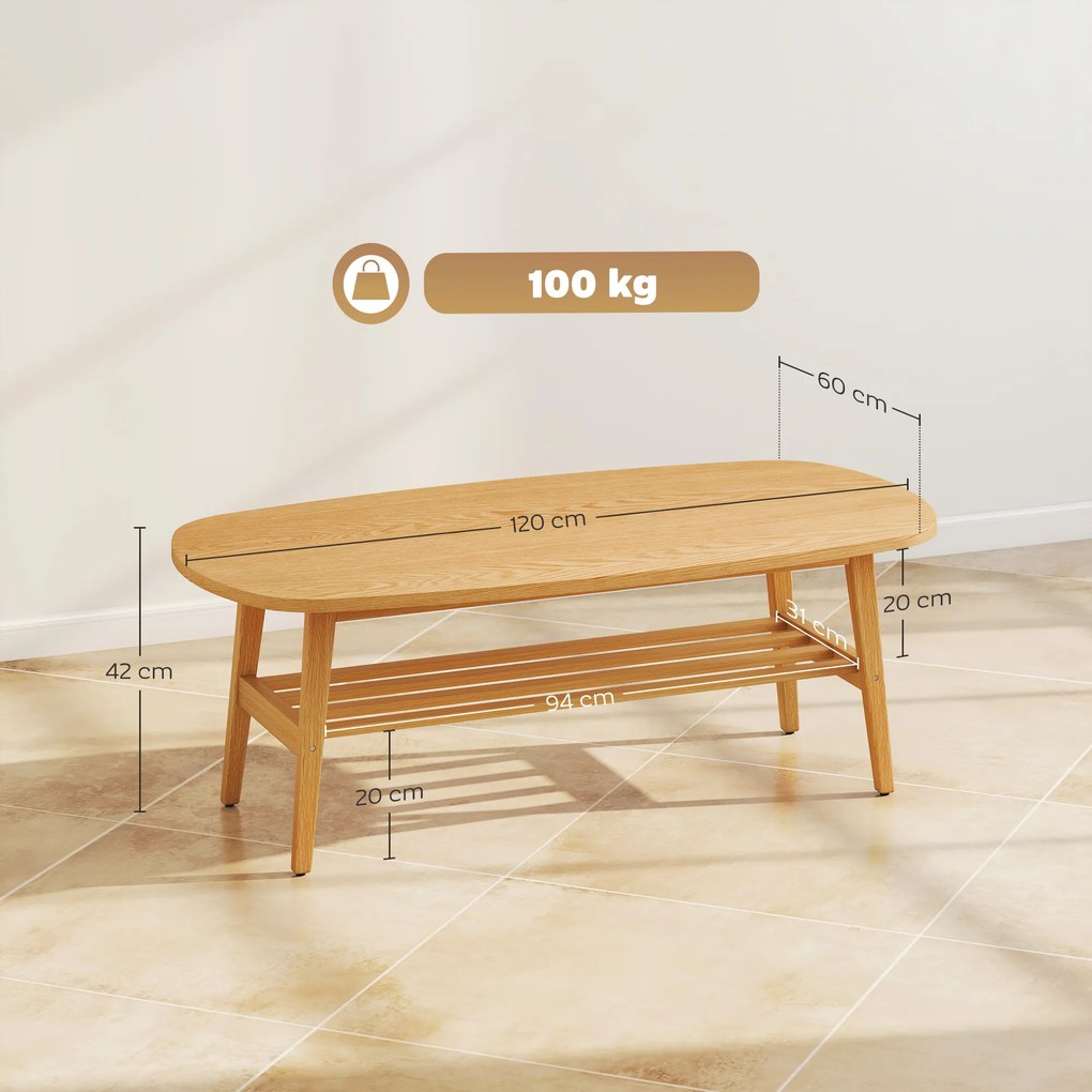 HOMCOM Konferenční stolek do obývacího pokoje s úložným prostorem, stolík do obývacího pokoje, ložnice, 120 x 60 x 42 cm, přírodní dřevo