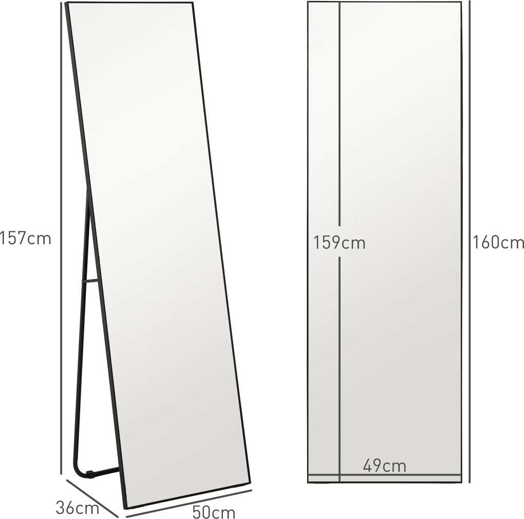 HOMCOM Velké obdélníkové zrcadlo, 50 x 160 cm - volně stojící, ke zdi nebo opřené - pro ložnici, obývací pokoj a šatnu, černé