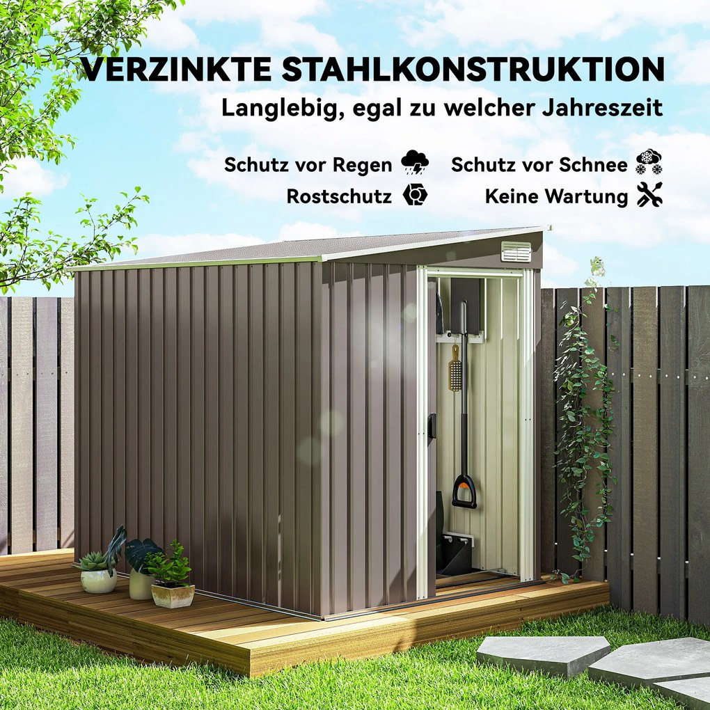 Outsunny Kovový sklad nářadí 2,81 m² 154x206,5x181 cm Nářaďový přístřešek se skloněnou střechou, základna 845-983V00LG