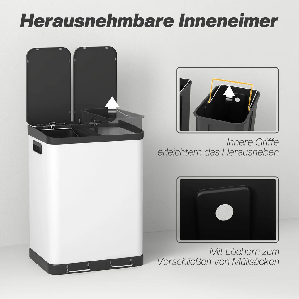 Dvoukomorový odpadkový koš, 2 x 30 l, odolný proti otiskům prstů, pedál, vyjímatelný vnitřní koš, šedý