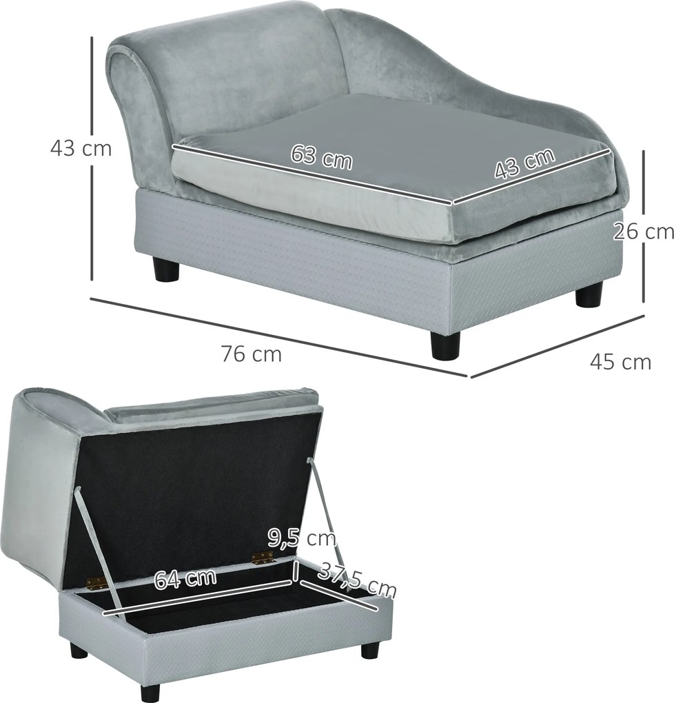 PawHut pohovka pro psy 76x45x41,5 cm s úložným prostorem a vysokým opěradlem, nosnost do 15 kg, plyš a přírodní dřevo, světle modrá pro malé psy | Ao…