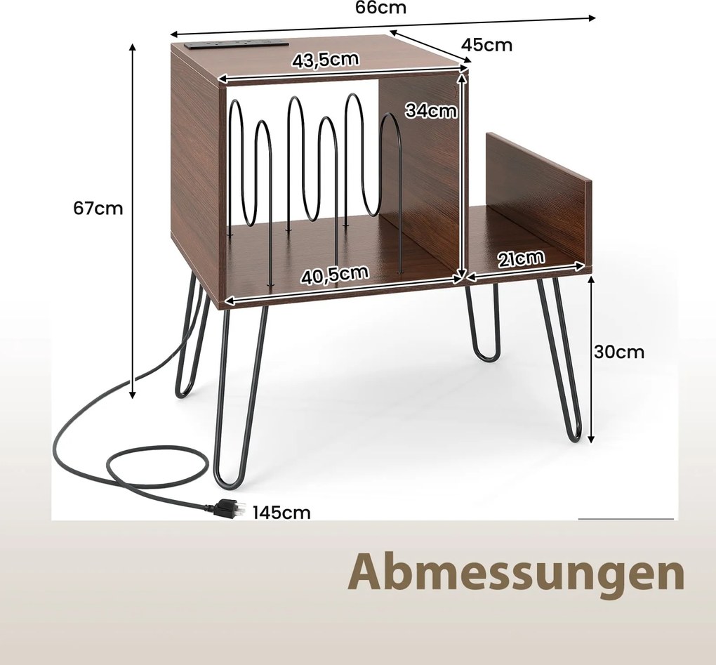 Costway Stolek na gramofon s nabíjecí stanicí, hnědý