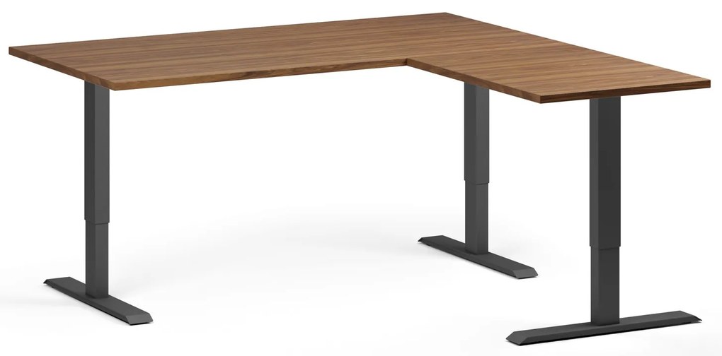 Rohový výškově nastavitelný stůl, 160x160 cm, 3 motory, L/P, černá podnož, ořech