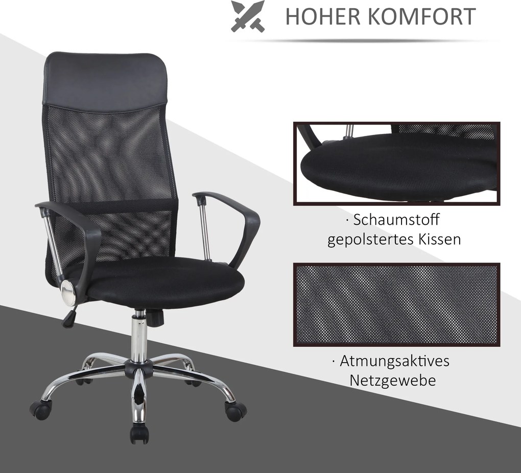 Kancelářská židle HOMCOM se síťovinou, výškově nastavitelná kancelářská židle, ergonomická herní židle, otočná židle s houpací funkcí, černá | Aosom.…