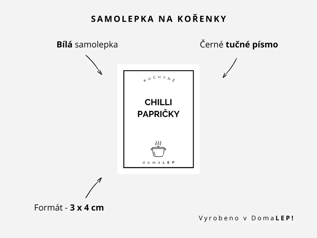 CHILLI PAPRIČKY - Samolepka na kořenky 3 x 4 cm - DomaLEP varianta: BÍLÁ - základní písmo