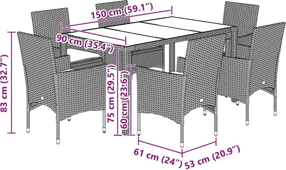 7dílný zahradní jídelní set podušky světle šedý polyratan sklo 3278576