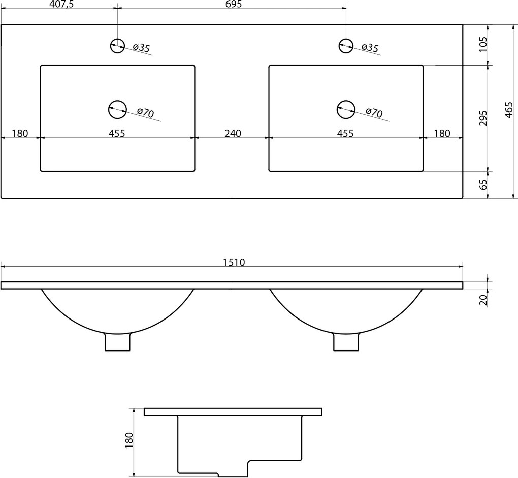Sapho Slim 1601-150 keramické dvojumyvadlo nábytkové 150 x 46 cm