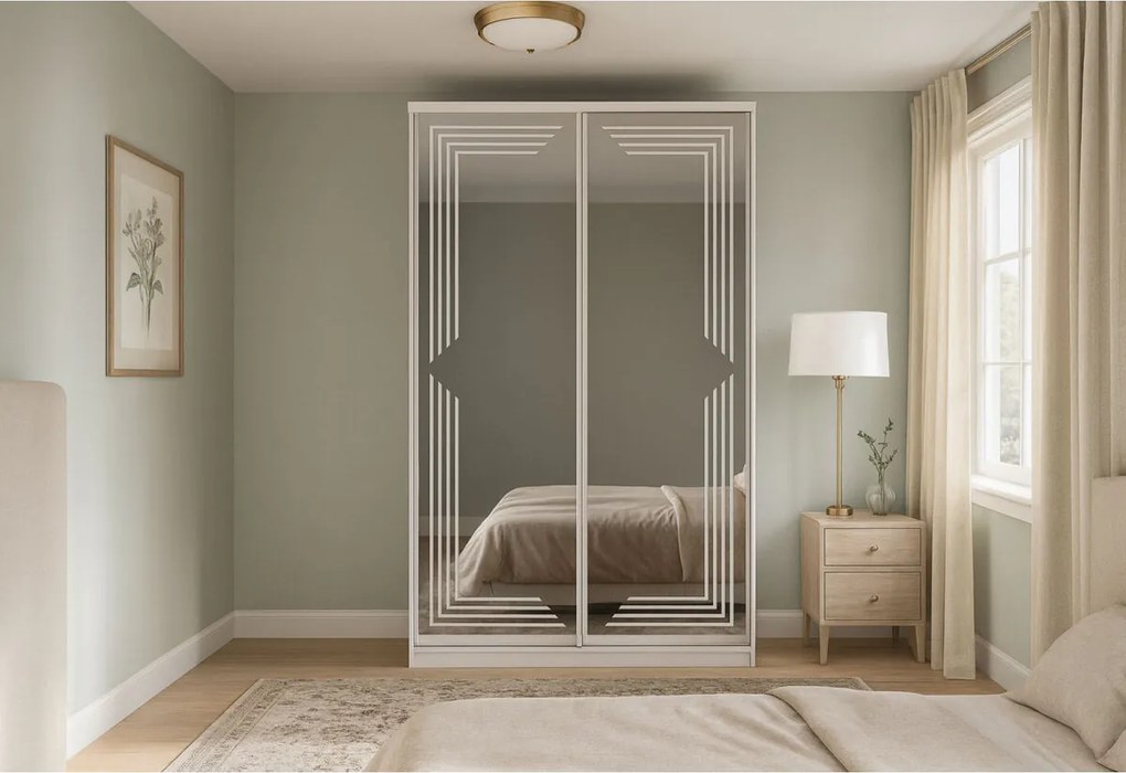 Skříň Rim-Veneziano 2D 1.0 m s uměleckým matováním na zrcadle 0580 LR, bílá