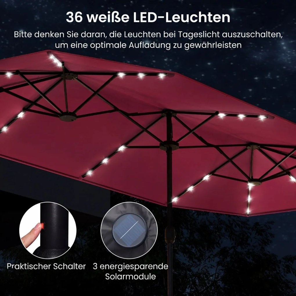 Costway Dvojitý slunečník se stojanem a LED světly a UPF 50+ vínově