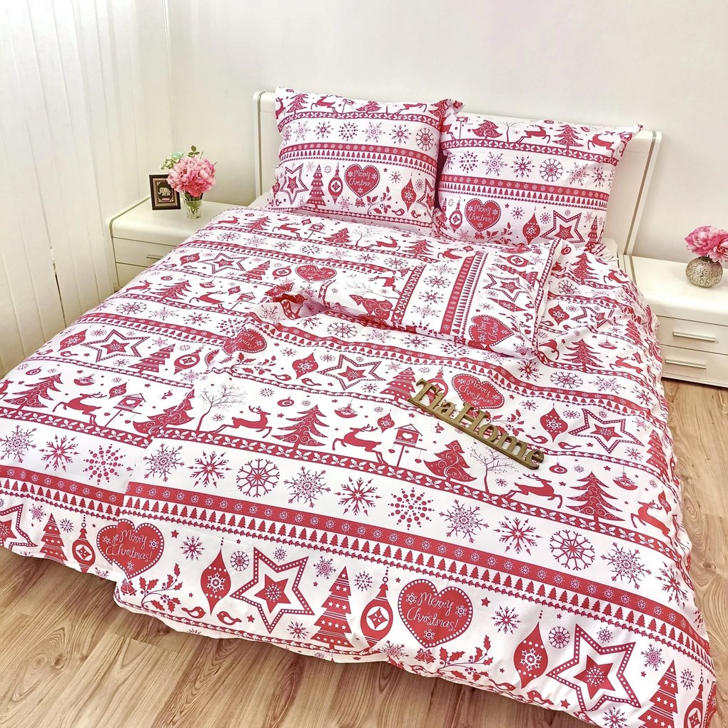 Povlečení bavlněné Vánoční povlečení Santa červený TiaHome - 1x Polštář 90x70cm, 1x Přikrývka 140x200cm