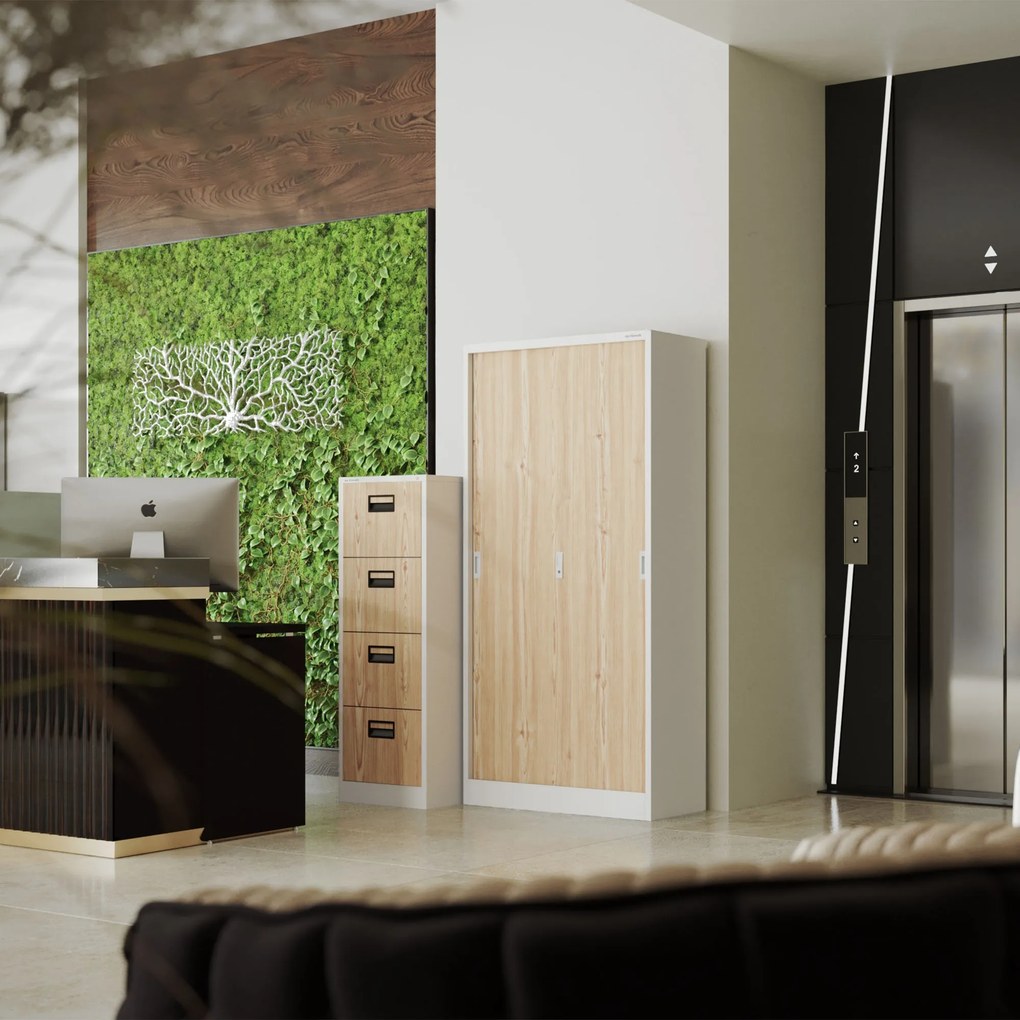 Kovová kartotéková skříň se 4 zásuvkami, bílá/dub sonoma, 460x1320x620 mm: SARA Eco Design