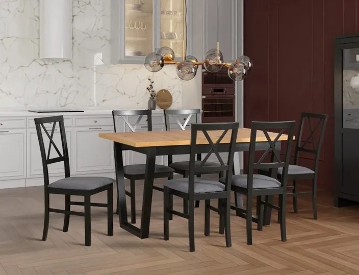 Jídelní sestava DX 33 odstín lamina (deska stolu) sonoma, odstín dřeva (židle + nohy stolu) černá, potahový materiál látka