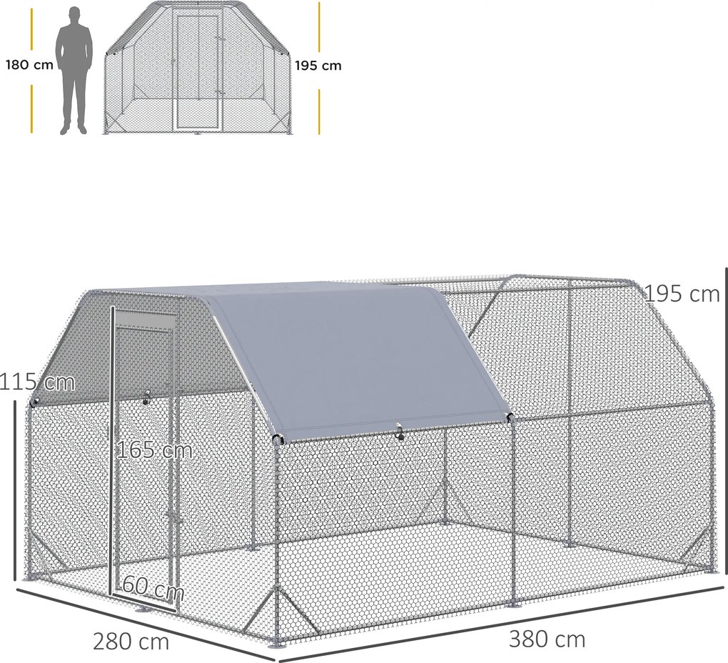 PawHut kurník pro volný výběh pro 10-12 kuřat s dvířky a střechou s vodoodpudivou ochranou proti slunci, Oxford/stříbrná 280x380x195cm