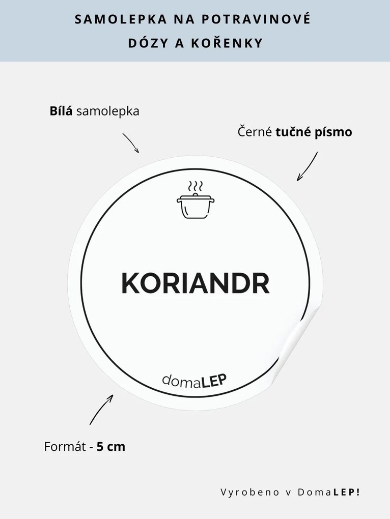 Samolepka na kořenky KORIANDR bílá 5 cm tučné písmo