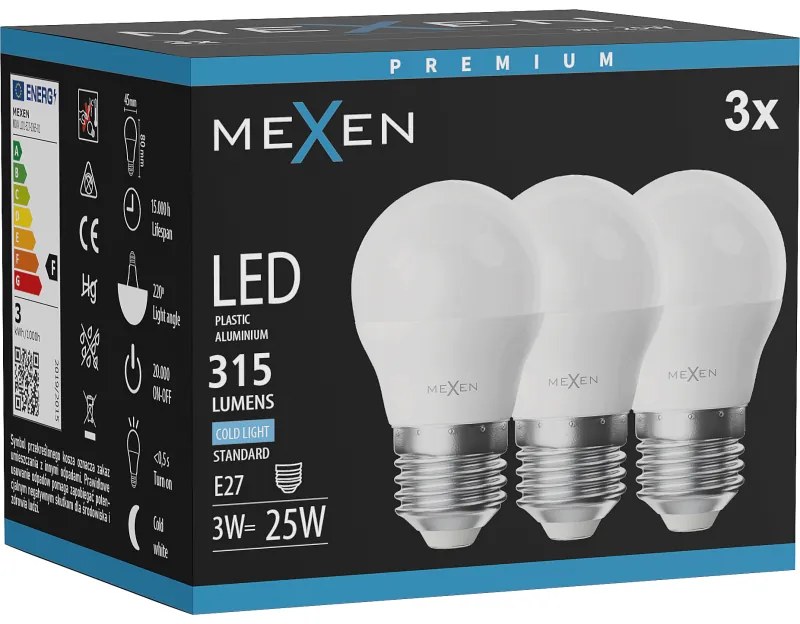 Mexen Nova 3x LED žárovka E27, G45, 3W, Studená - 6500K, 315 lm - L101-E27-0365-01x03