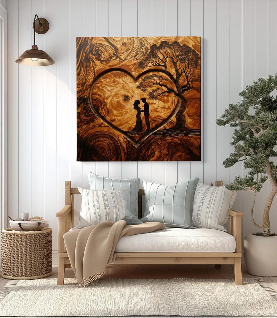 Obraz na plátně - Milenci v srdci a strom života, dřevo styl FeelHappy.cz Velikost obrazu: 100 x 100 cm
