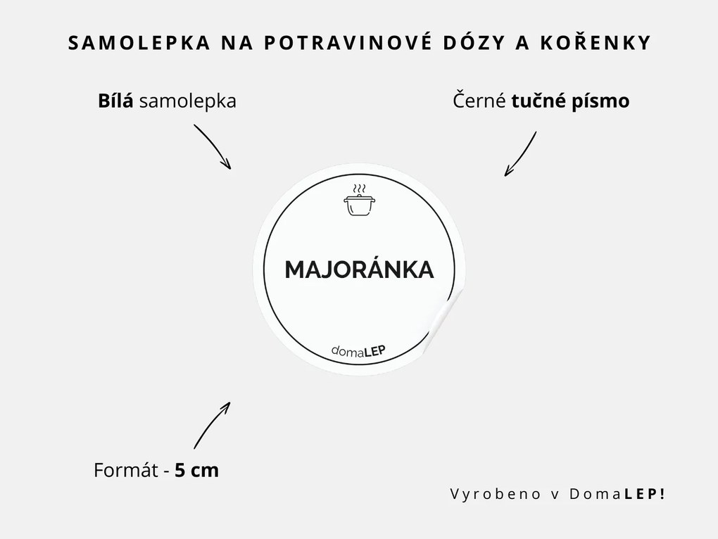 MAJORÁNKA - omyvatelná samolepka na kořenky, výběr rozměrů Ø 5 cm / 5 x 5 cm / 6 x 8 cm | DomaLEP tvar: ČTVEREC, barva: BÍLÁ - ČERNÉ písmo, velikost: š. 5 cm x v. 5 cm - tučné písmo