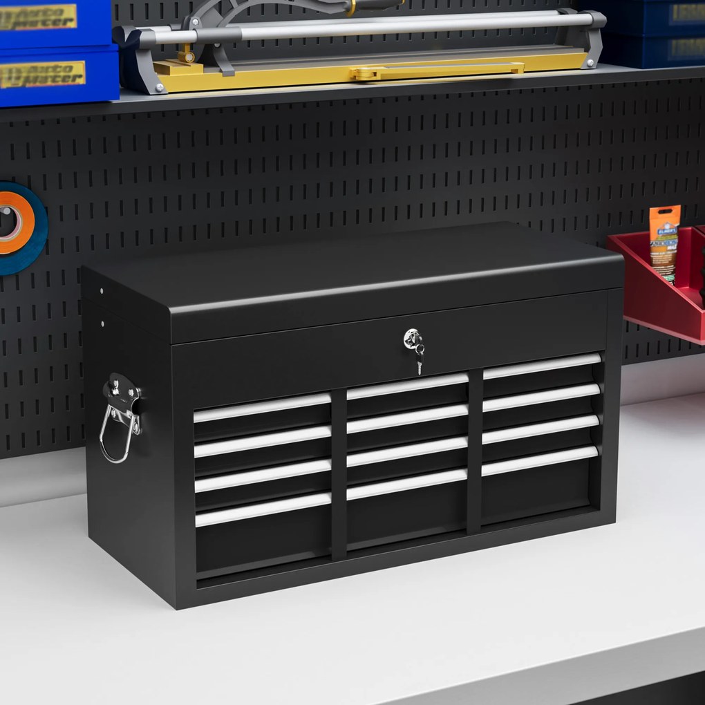 HOMCOM Box na nářadí, kufr na nářadí bez nářadí, se 6 zásuvkami, zámek, box na nářadí s rukojetí, box na nářadí, ocel, černý, 60 x 26 x 34 cm