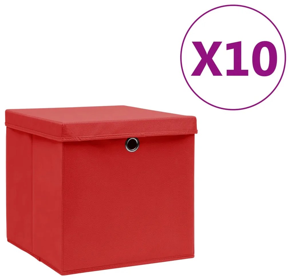 Úložné boxy s víky 10 ks 28 x 28 x 28 cm červené 325222