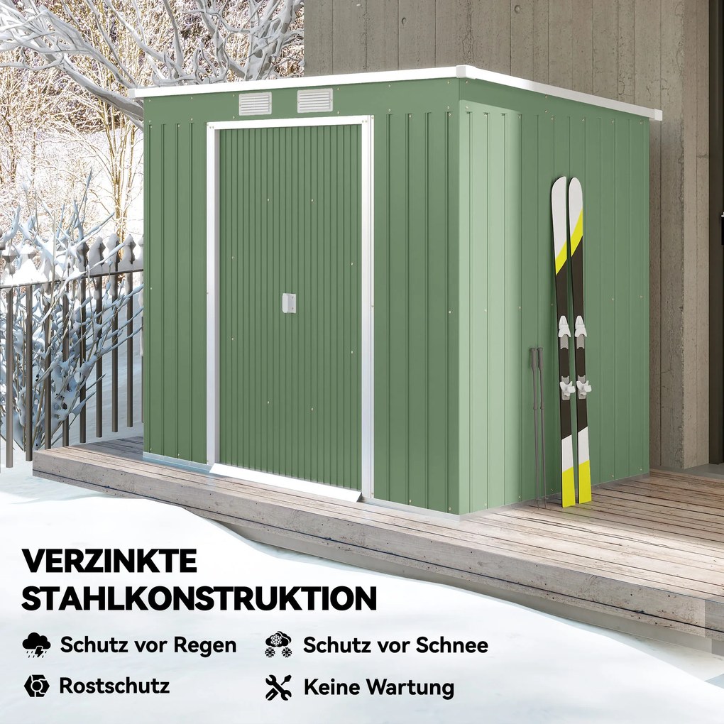 Outsunny Nástrojová Kůlna 2,42 m² - Zahradní Dům s Ventilačním Oknem a Posuvnými Dveřmi, 213 x 130 x 159/172 cm, Kůlna z Pozinkované Oceli, Voděodoln…