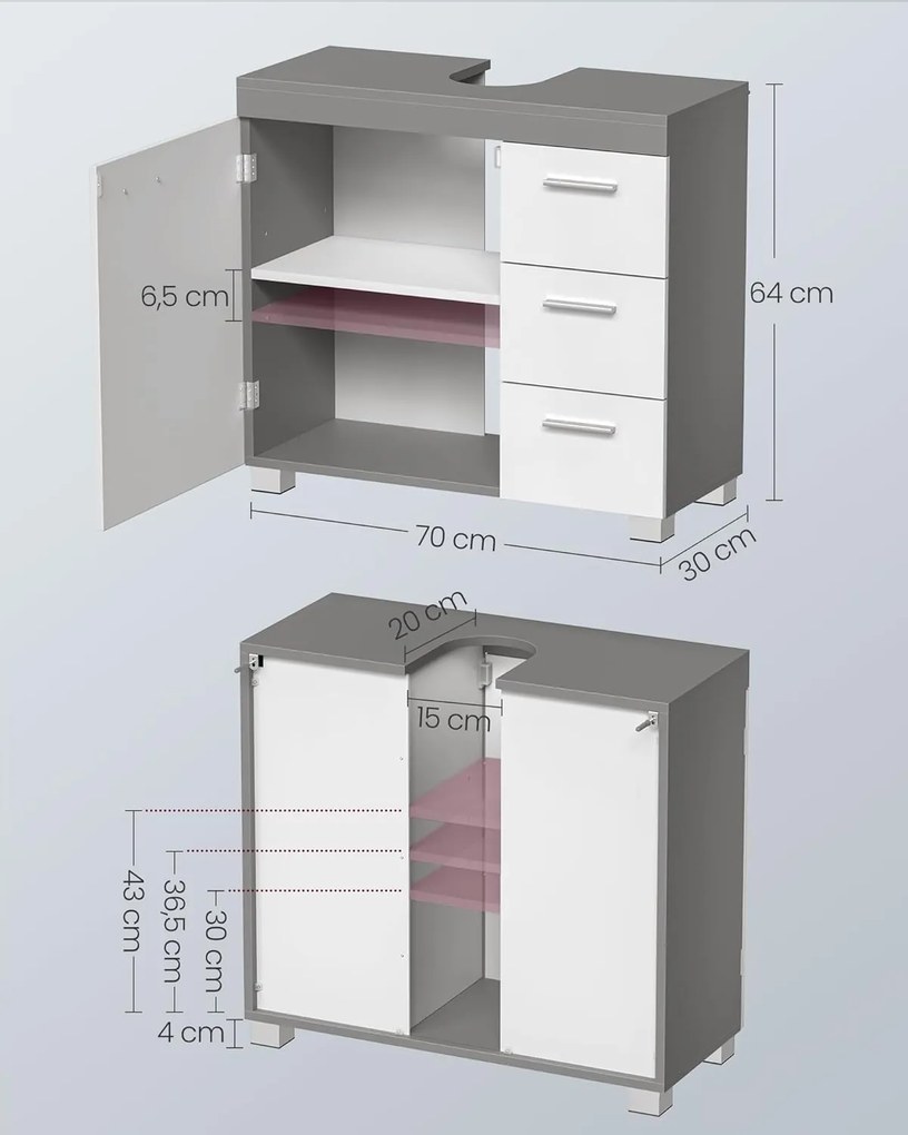 Skříňka pod umyvadlo, koupelnová skříňka 30 × 70 × 64 cm, bílá–šedá